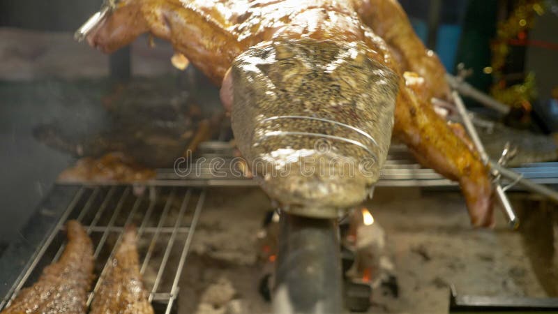 Concept of Asian Cuisine. a Small Alligator Stretched on a Spit Roasted ...
