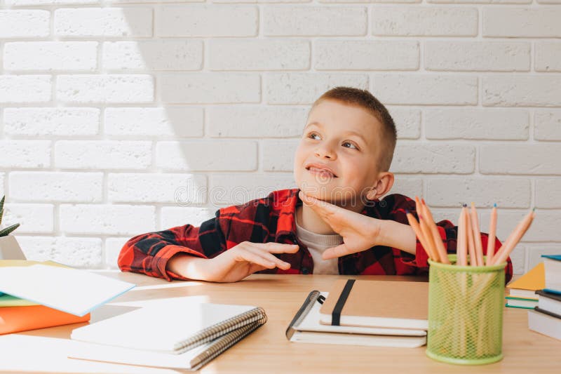 Concept Back To the School. a Boy in the Process of Studying Sits at a ...
