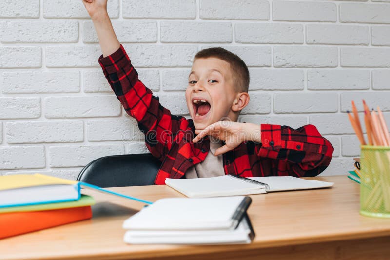 Concept Back To the School. a Boy in the Process of Studying Sits at a ...