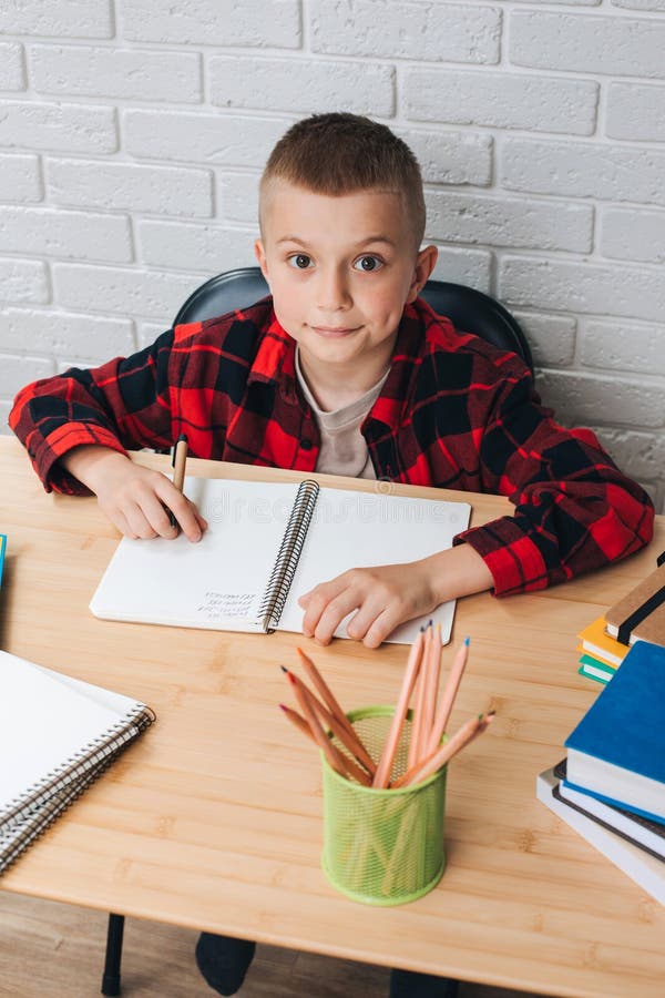 Concept Back To the School. a Boy in the Process of Studying Sits at a ...