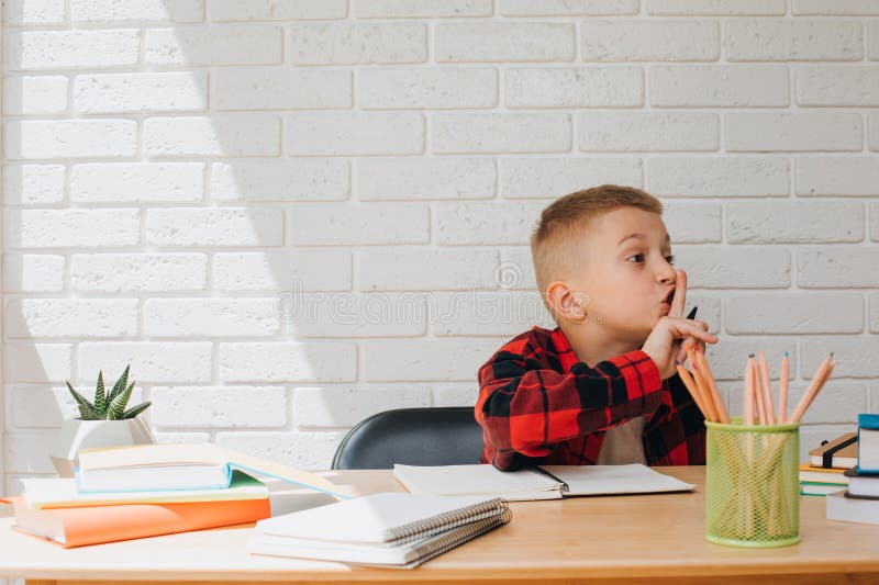 Concept Back To the School. a Boy in the Process of Studying Sits at a ...