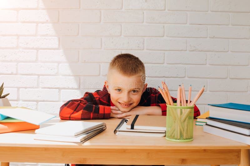 Concept Back To the School. a Boy in the Process of Studying Sits at a ...