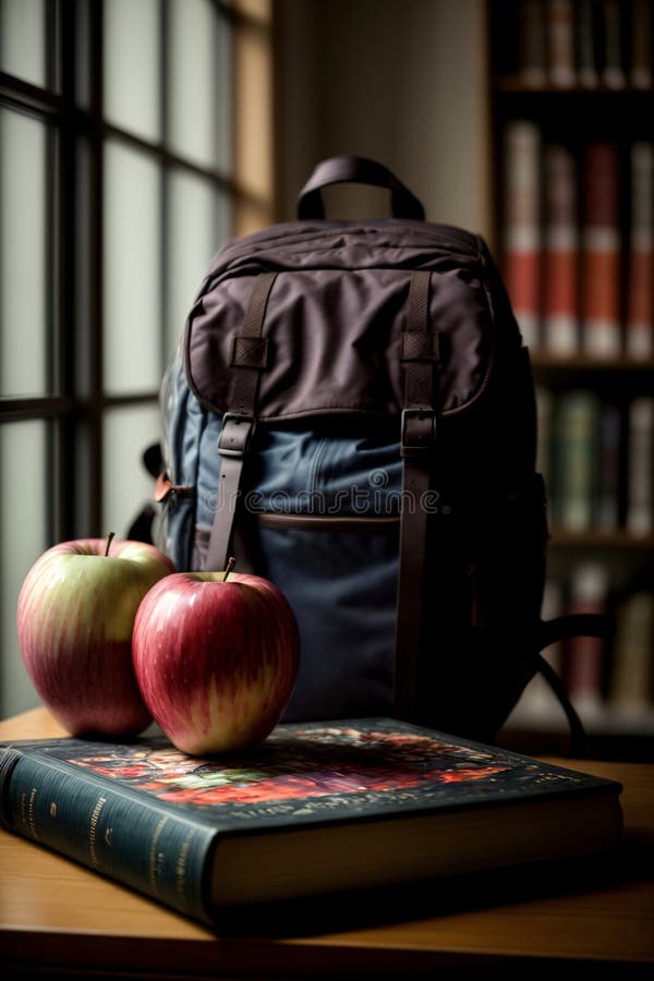 A Backpack and Two Apples on a Table. Generative AI Stock Illustration ...