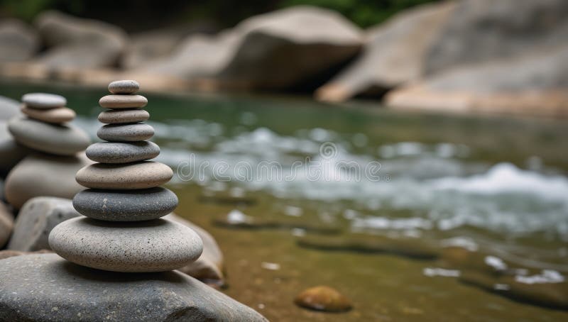 Balanced Stack of Smooth River Stones Next To a Flowing Stream Stock ...
