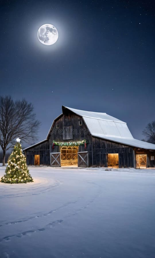 A Barn with a Christmas Tree in the Snow. Generative AI Stock Photo ...