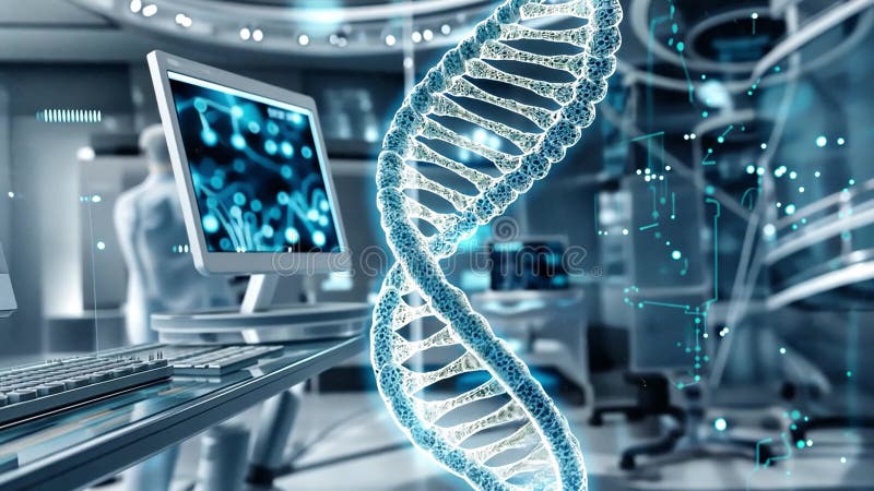 Concept of Biocomputer Technology Showcasing DNA Helix with Digital ...