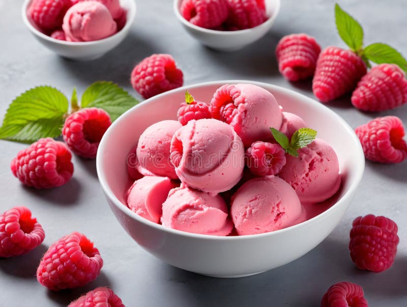 A Bowl of Raspberry Ice Cream Surrounded by Raspberries. Generative AI ...