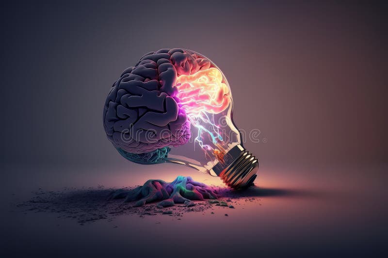 Concept of Brain in a Lightbulb. Creative Idea with Brain and Light ...