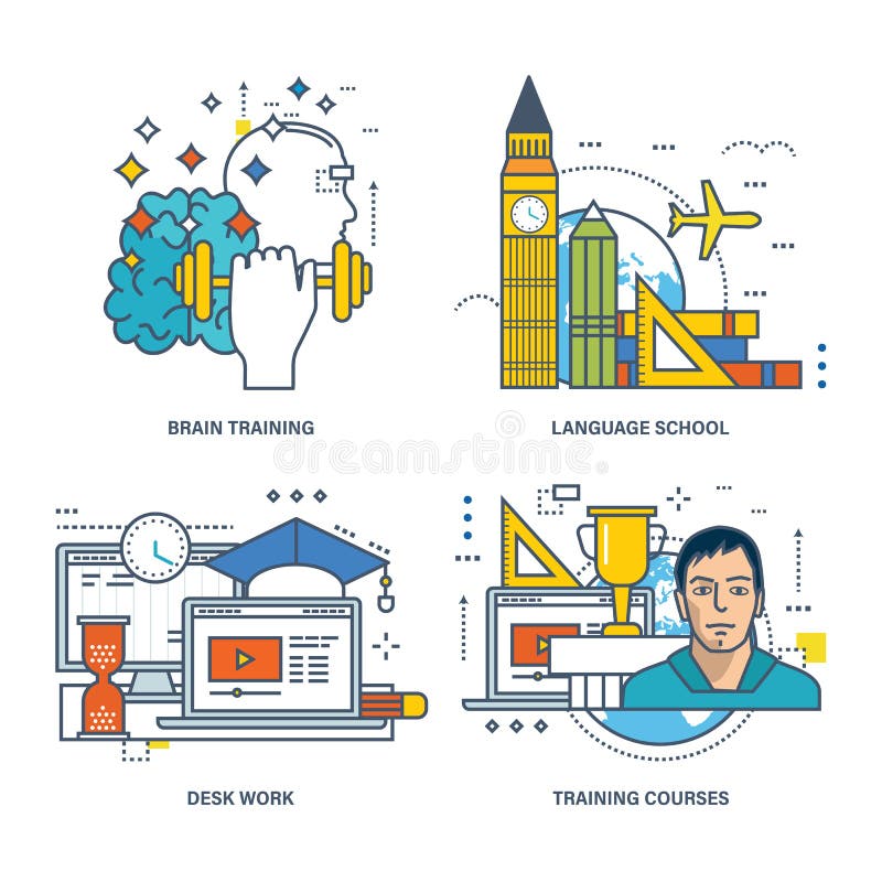 Concept of Brain Training, Language School, Desk Work, Courses. Stock ...