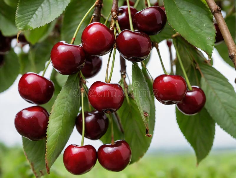 A Bunch of Cherries Hanging from a Tree. Generative AI Stock ...