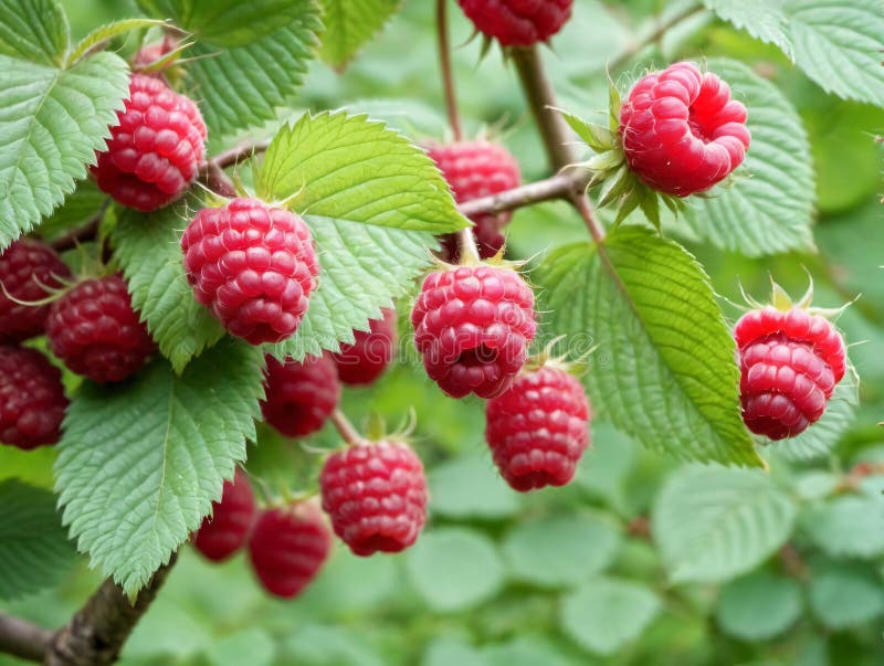 A Bunch of Raspberries Hanging from a Tree. Generative AI Stock ...