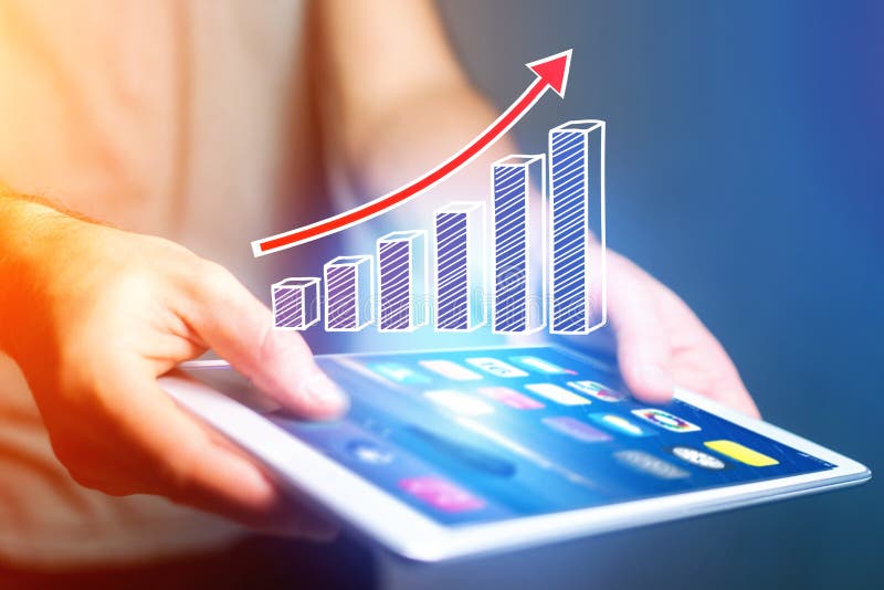 Concept of Business Graph Icon Flying Out a Tablet - Technology Stock ...