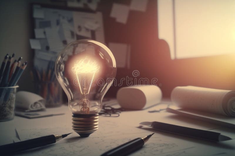 Concept of Business Ideas with Glowing Light Bulb in Workplace, AI ...