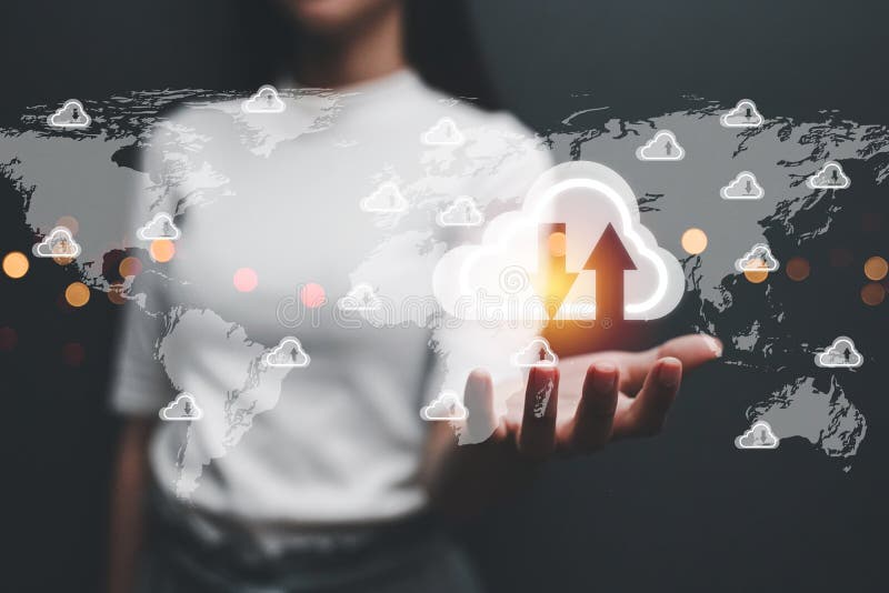 Concept of Business Women, Hands on Technology, Digital Data Storage ...