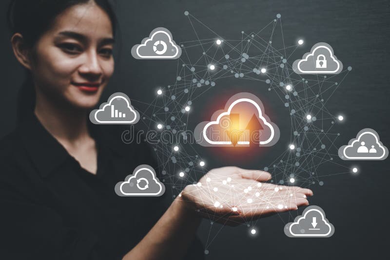 Concept of Business Women, Hands on Technology, Digital Data Storage ...