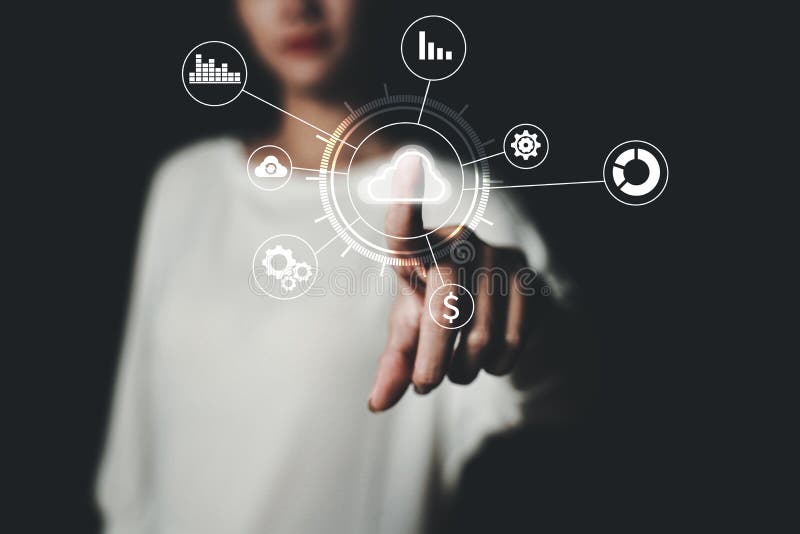 Concept of Business Women, Hands on Technology, Digital Data Storage ...