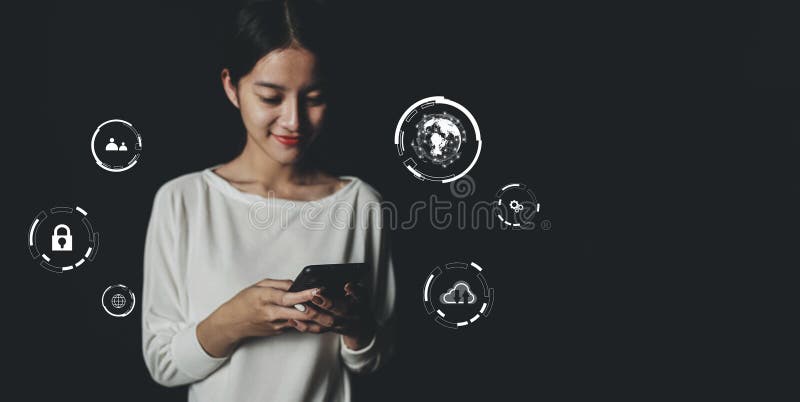 Concept of Business Women, Hands on Technology, Digital Data Storage ...