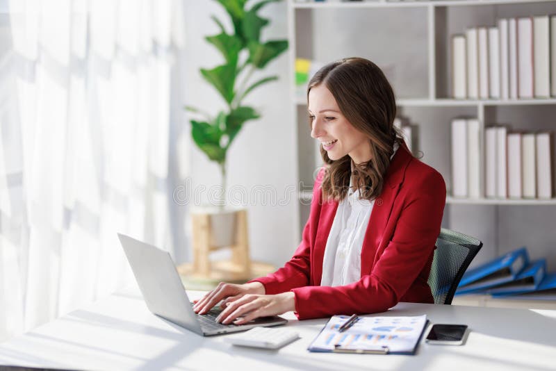 Concept of Business Working, Businesswoman Wearing Red Suite Smiling ...