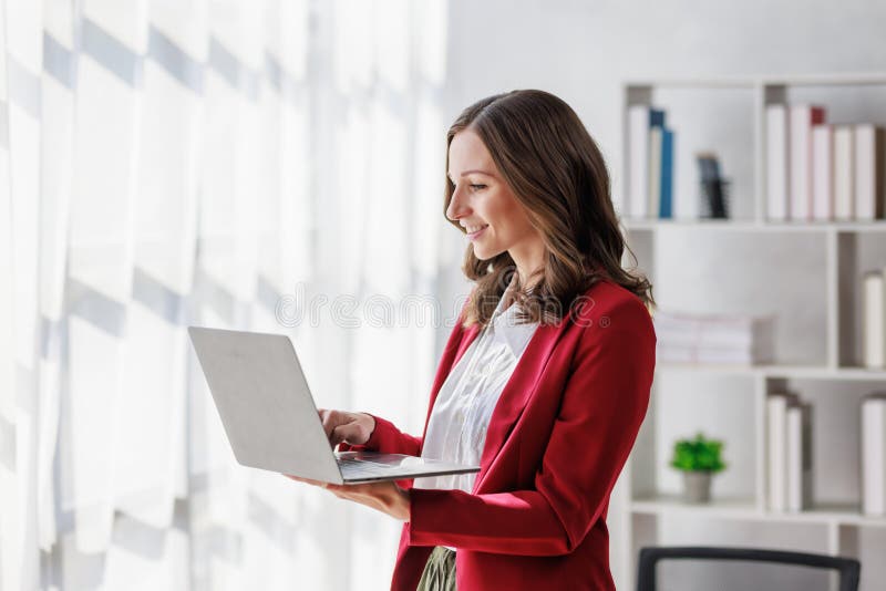 Concept of Business Working, Businesswoman Wearing Red Suite Standing ...