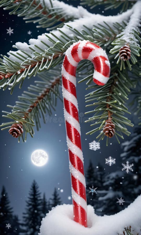 A Candy Cane Nestled in a Pine Tree Branch, with Snowflakes Falling ...