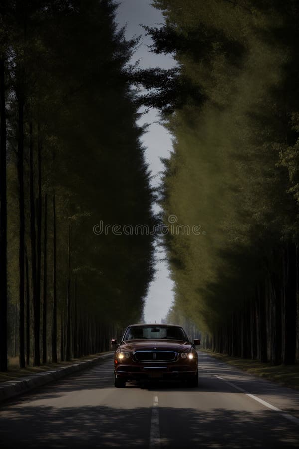 A Car Driving Down a Tree Lined Road. Generative AI Stock Illustration ...