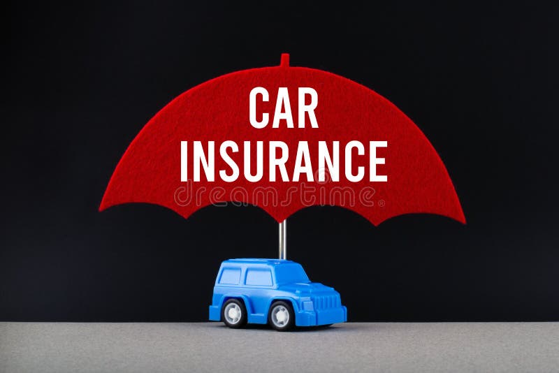 Concept Of Car Insurance. Blue Car Under Red Umbrella With Text Car ...