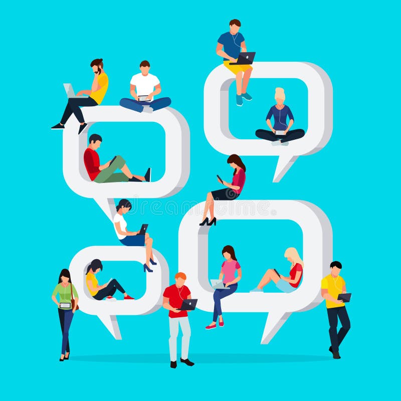 Concept Chat. Young People Sit on Speech Bubbles for Comment and Stock ...