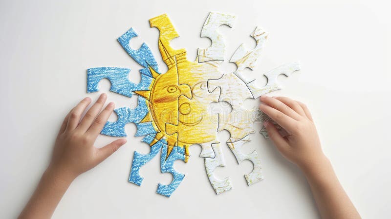 Concept of Child Solving a Sun-shaped Puzzle in Painted Cartoon Style ...