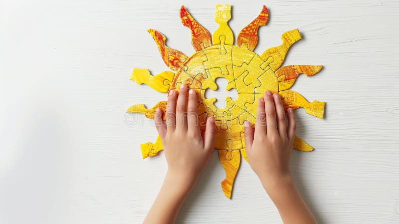 Concept of Child Solving a Sun-shaped Puzzle in Painted Cartoon Style ...