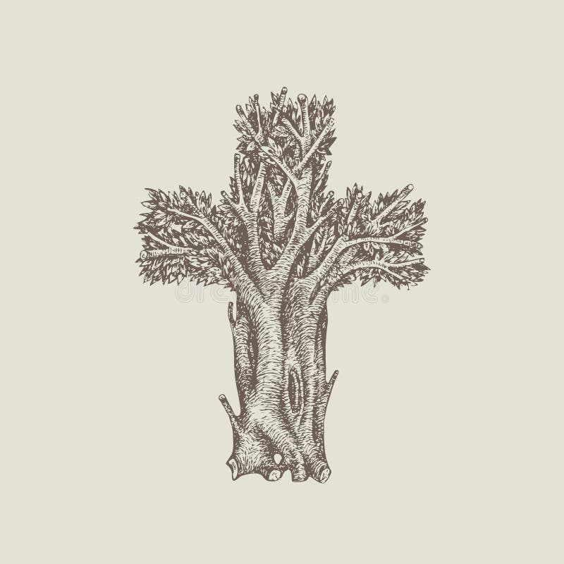 Christian Cross in the Form of a Tree Hand Drawn Stock Vector ...