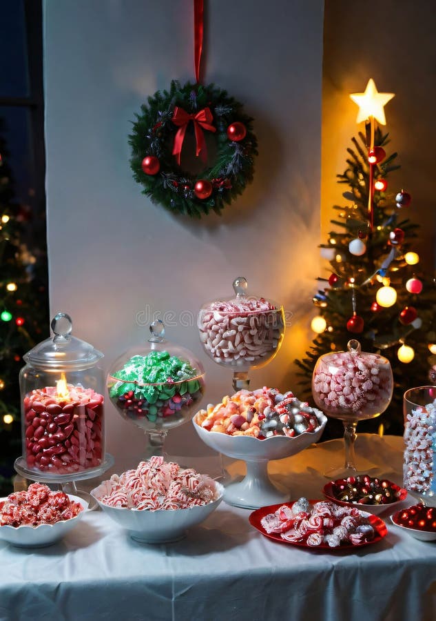A Christmas Candy Buffet with a Variety of Sweets, Under Warm Lights ...