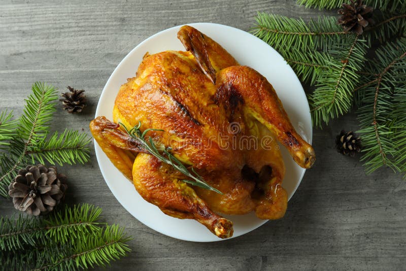 Concept of Christmas Roast Turkey on Gray Textured Table Stock Image ...