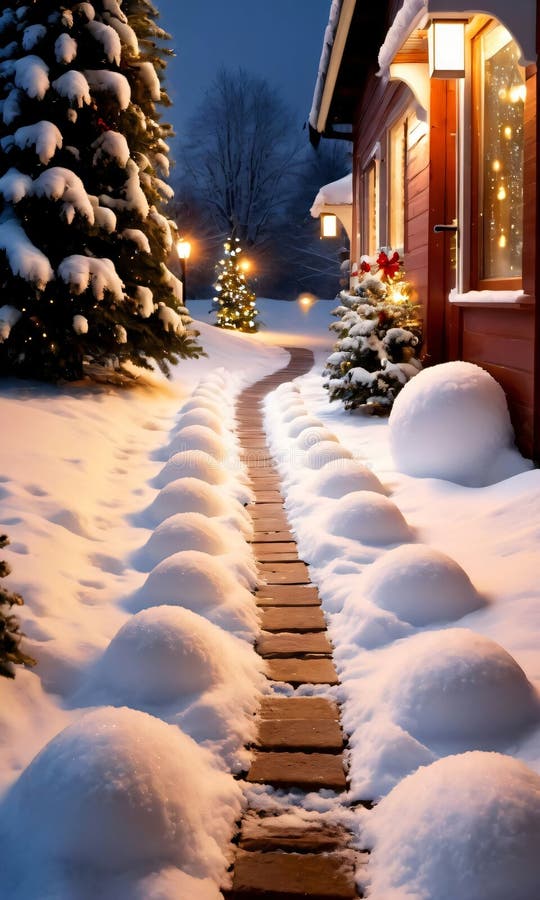 Christmas Snow on a Path, the Footprints Highlighted by Warm Indoor ...