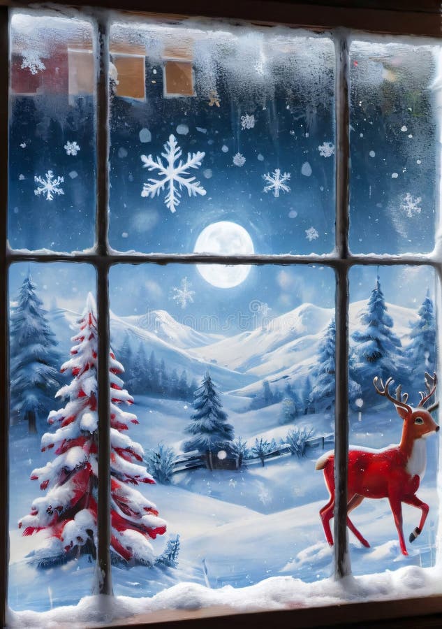 A Christmas Snow Scene Painted on a Window, with Real Snow Falling ...