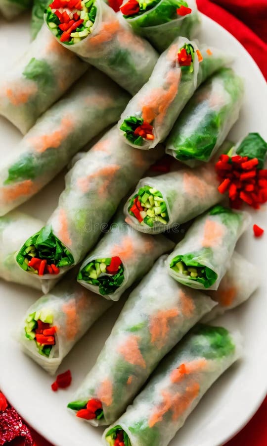 Christmas Spring Rolls on a Festive Plate, with a Backdrop of a ...