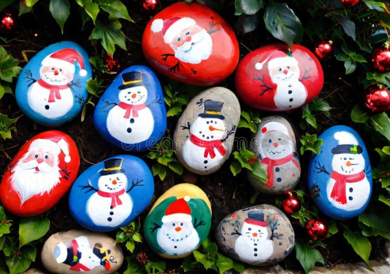 Christmas Themed Painted Rocks in a Garden, at Midday. Generative AI ...