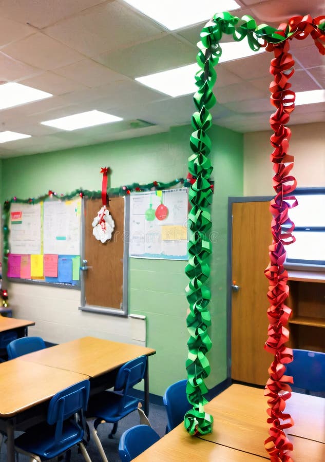 A Christmas-Themed Paper Chain in a Classroom, Under Fluorescent Lights ...