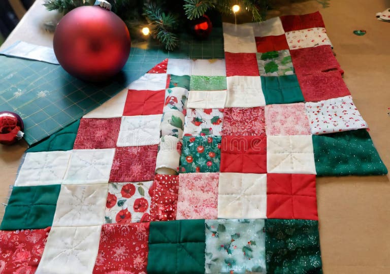 A Christmas-Themed Patchwork Quilt in Progress, on a Craft Table. Generative AI Stock Image ...