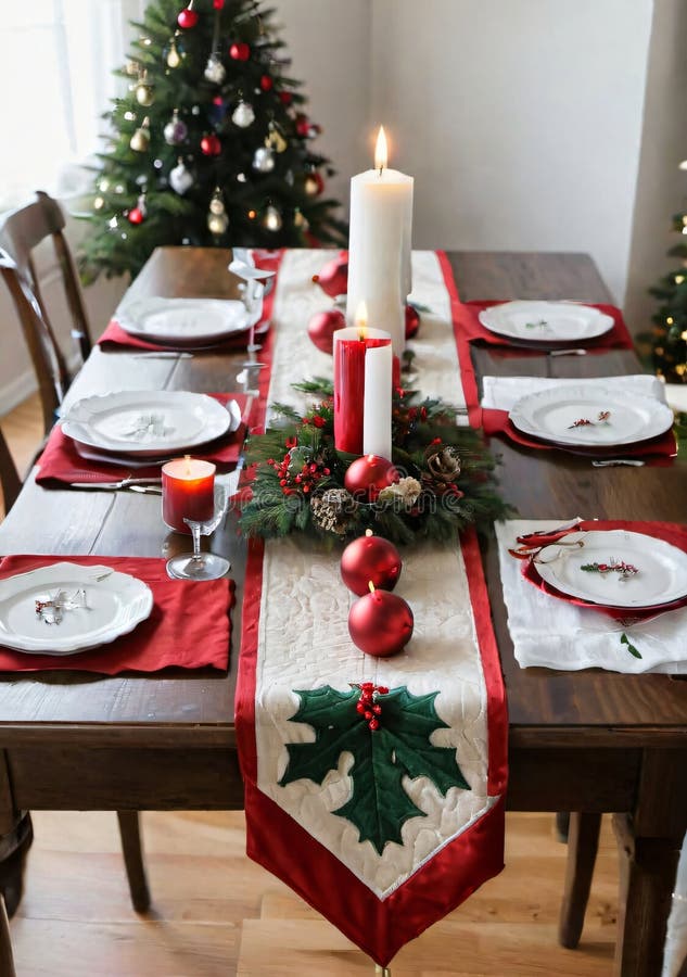 A Christmas-Themed Table Runner on a Dining Table, with a Candle ...