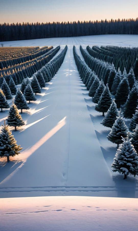 A Christmas Tree Farm at Dusk, the Trees Casting Long Shadows on the ...