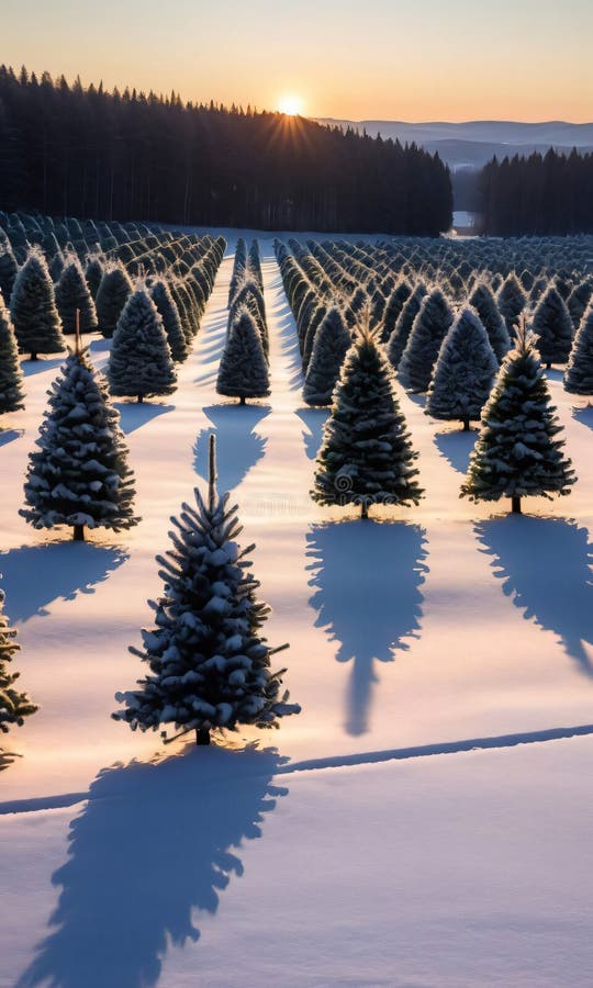A Christmas Tree Farm at Dusk, the Trees Casting Long Shadows on the ...