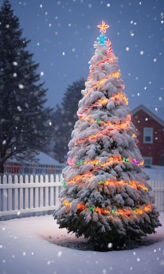 A Christmas Tree with Lights in the Snow. Generative AI Stock ...
