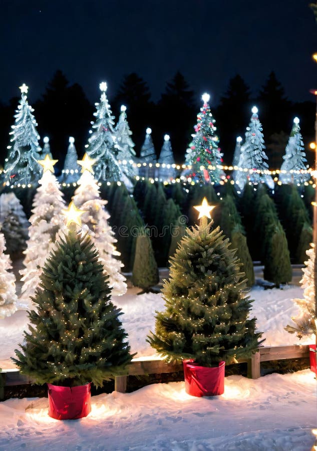 A Christmas Tree Lot at Night, with Rows of Trees and Twinkling Lights ...