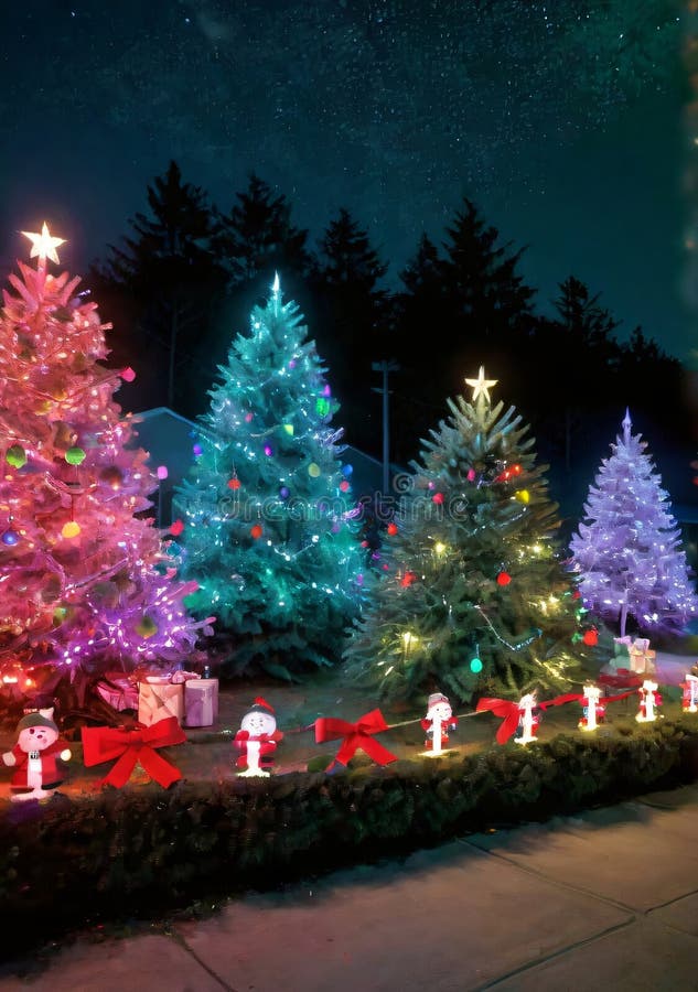 A Christmas Tree Lot Scene at Night, with Colorful Lighting. Generative ...