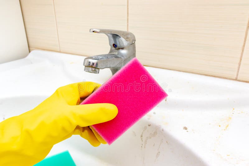 Concept of Cleaning Old Dirty Washbasin with Rust Stains, Limescale and ...
