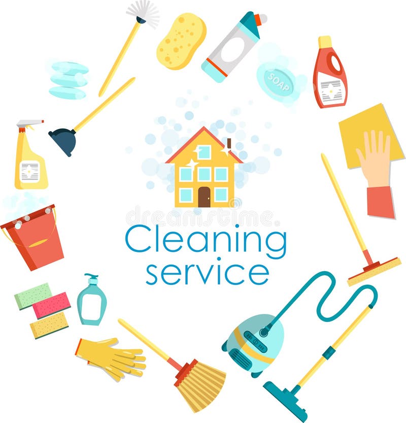 Concept of Cleaning Service. Flat Vector Set of Cleaning Tools and ...