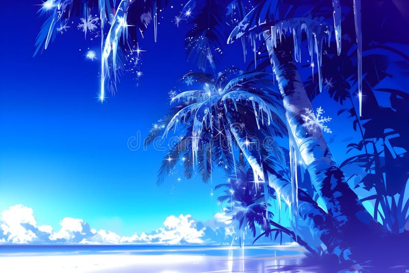 Frozen Coconut Palm Trees by the Freezing Beach. Stock Illustration ...