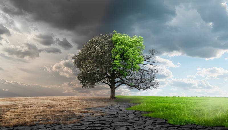 Concept of Climate Changing. Half Dead and Alive Tree Outdoors Stock ...