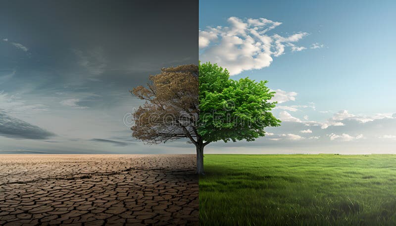 Concept of Climate Changing. Half Dead and Alive Tree Outdoors Stock ...
