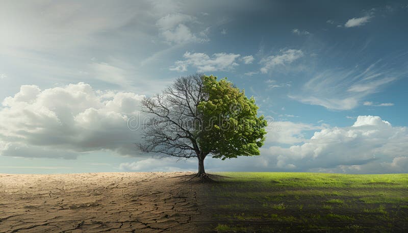Concept of Climate Changing. Half Dead and Alive Tree Outdoors Stock ...